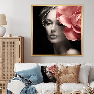 Designart "Pink Vintage Glamour Model With Blossoming Flower" Fashion Woman Framed Wall Art ...